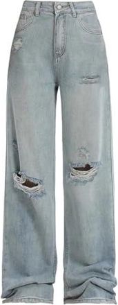 Generic Jean droit pour femme avec micro &eacute;lastique au niveau du genou, coupe ample, doux pour la peau, denim d&eacute;contract&eacute;, Xt-v5nz-6376, M