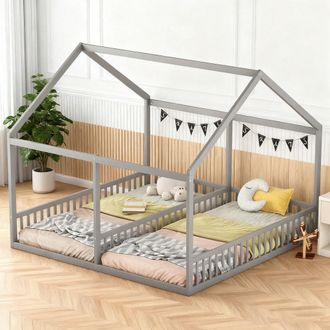 Generic Hausgemachtes Plattformbett 90x200 grau - 2-in-1-Modulsystem, kann separat verwendet oder in Form eines Hauses montiert Werden