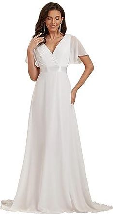 Ever-pretty Robe De Soirée Style Long Manches Volantées Col en V Jupe Trapèze Robe Femme Chic Et Elegant Blanc 50