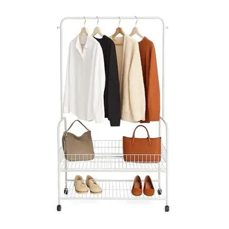 Relaxdays Portemanteau sur roulettes, 2 &eacute;tag&egrave;res, Barre &agrave; v&ecirc;tements, H x L x P 165 x 90 x 30 cm, penderie Mobile, Blanc