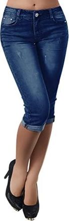 Minetom Femme 3/4 Jeans Capri Déchiré Skinny Slim Fit Stretch Denim Jean Pantalons Crayon Taille Haute Jeggings Pants A Bleu Foncé M