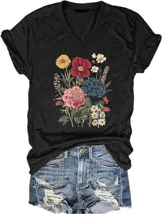 Generic T-shirt à manches courtes et col en V pour femme - Motif floral sauvage - Style rétro, Noir, 3XL