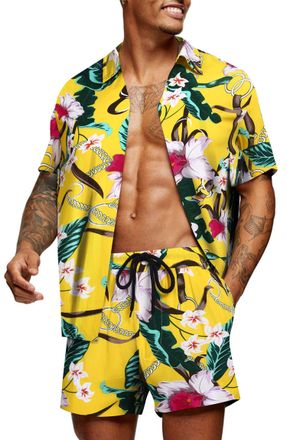 Coofandy Herren Hemd Kurzarm Sommerhemd Floral Hawaiihemd Flamingo Party Hemden und Shorts Set Strand Outfit Urlaub 3XL