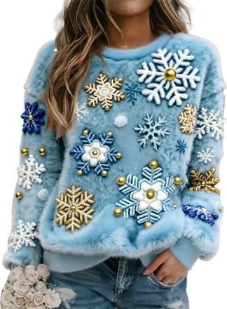 Generic Sweat-shirt de No&euml;l en flanelle avec imprim&eacute; chat pour femme, style d&eacute;contract&eacute;, &eacute;l&eacute;gant, doux et chaud, pull de No&euml;l fantaisie &agrave; col rond, haut de va