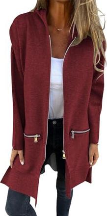 TOMWELL Manteau Femme Hiver Veste à Capuche Décontractée Couleur Unie Manteau Manches Longues Trench Coat Manteau Blouson A Vin Rouge L