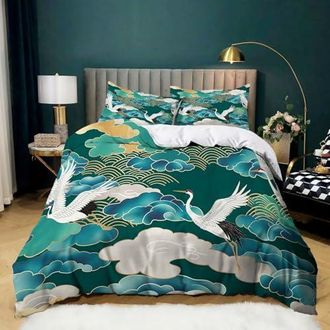 Generic Vert Housse de Couette 240x220 Grue à Couronne Rouge Japonaise Parure de Lit 1 Personne, 3D Imprimé Enfants en Microfibre Douce Respirante Housse Coue