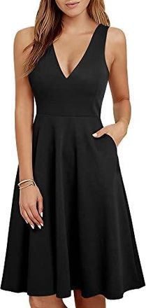 Homeyee Robe de Cocktail élégante sans Manches à col en V pour Femme avec Poches A293 (XXL, Noir)