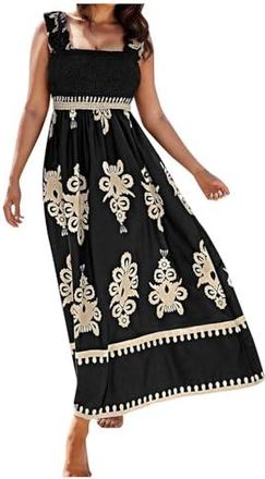 Generic Robe longue d&eacute;t&eacute; 2026 boh&egrave;me pour femmes, smock&eacute;es, sans manches, imprim&eacute; fluide, Noir, XXL