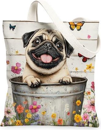 Generic Sac fourre-tout en toile pour le shopping 33 x 38 cm, joli sac &agrave; bandouli&egrave;re r&eacute;utilisable en bois de fleurs rustiques pour femme, peinture danimaux do