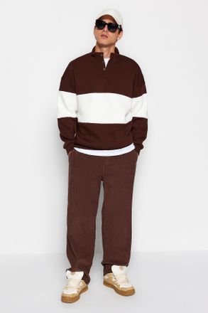 Trendyol MAN Herren Braun Colour-Block Lang Oversize Sweatshirts