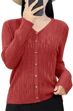 Generic Pull en laine m&eacute;lang&eacute;e &agrave; col en V pour femme - Cardigan d&eacute;contract&eacute; en tricot &agrave; manches longues, P&acirc;te de haricots rouges., Taille XL