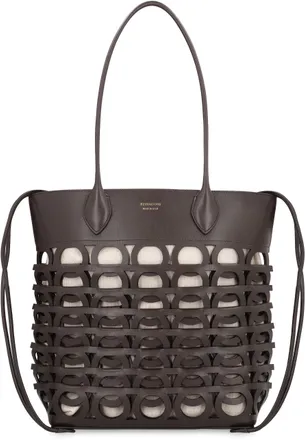 Ferragamo Womens Tote Bag Gancini M Dark Brown Calf Leather; Lining: Linen
