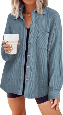 Zeagoo Hemd Damen Freizeit Bluse Langarm Knopfleiste Tunika Hemden Bluse Weich Bequem Langarmshirt Waffel Warm Longsleeve Hemdjacke Blau M