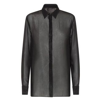 Philipp Plein Femme, Blouses et Chemises, Noir, Taille: 42 FR Chemise en voile de soie &agrave; rayures Lurex