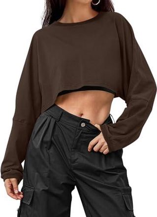 ORANDESIGNE Sweat Court Femme Chic Manche Longue Mode Crop Top Cropped Sweat-Shirt Décontractée Lâche Hauts Y2K Streetwear A Marron XS