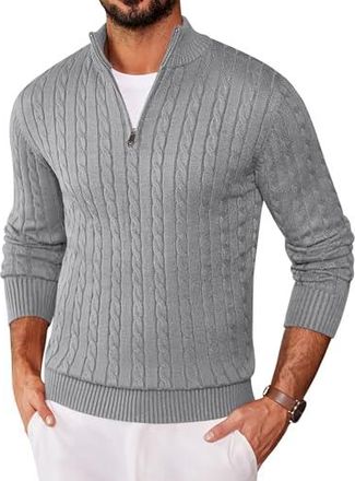 Coofandy Pull tricoté pour Homme, Coupe ajustée, col Rond, Manches Longues, Demi-Fermeture éclair, Gris L