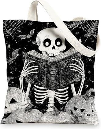 Generic Sac fourre-tout effrayant en toile, motif squelette artistique et citrouille, sacs dépicerie réutilisables, légers et lavables avec bandoulière, noir,