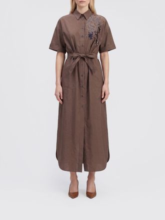 Brunello Cucinelli Robe chemise midi en coton &agrave; manches longues avec ceinture &agrave; nouer