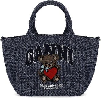 Ganni Femme, Sacs, Bleu, Taille: ONE Size Tweed Denim Small Bear Tote