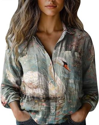 Generico Chemise Femme &Eacute;l&eacute;gant &agrave; Manches Longues T Shirt Coton Et Lin Curvy Grande Taille Blouse Col V Mode Chemises Vintage Fantaisie avec Boutons Classique C