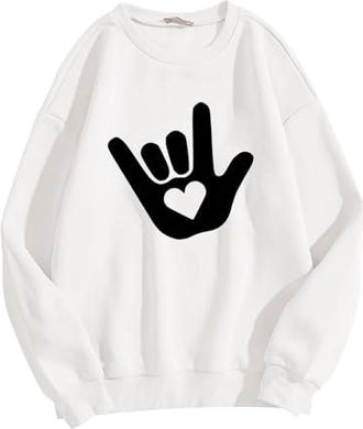 Generic Sweat-shirt &agrave; capuche &agrave; manches longues et col rond imprim&eacute; &laquo; I You Gesture &raquo; pour femme, blanc, XXL