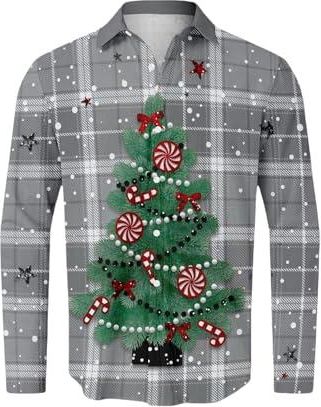 Generic Chemise de Noël à manches longues pour homme Imprimé 3D Père Noël fantaisie Fête festive Chemise boutonnée, gris, 3XL