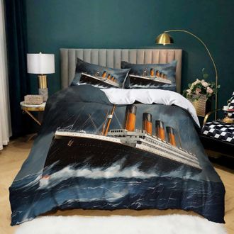 Generic Bettw&auml;sche Set 135x200 cm &Ouml;lgem&auml;lde Schiff Design Weiche Mikrofaser Bettbezug Schwarz mit Kissenbez&uuml;gen Bedruckte Bettw&auml;sche