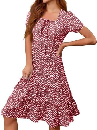 Generic Robe Ete à Manches Courtes pour Femme Chic et Elegant Robes dété à Col en V Imprimé à Pois Floral Robe de Plage Fluide Décontractée Pas Cher Cadeau Fe