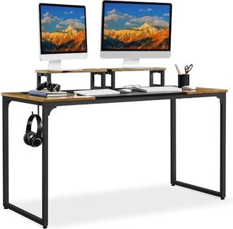Yaheetech Schreibtisch Computertisch, Arbeitstisch Lerntisch mit 2 Motorhalterung/2 Kabeldurchführungen/1 Kopfhörerhaken, 140 × 60 × 89,5 cm, Rustikales Braun