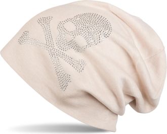 styleBREAKER Klassische Beanie M&uuml;tze mit Totenkopf Strass Applikation, Unisex 04024034, Farbe:Creme-Beige, Materialart:warm
