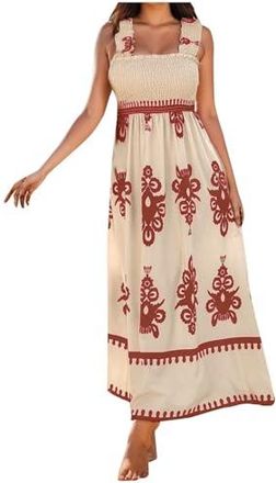 Generic Robe longue d&eacute;t&eacute; 2026 boh&egrave;me pour femmes, smock&eacute;es, sans manches, imprim&eacute; fluide, rouge brique, XXL