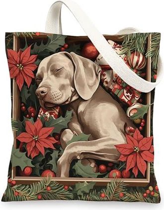 Generic Sac fourre-tout en toile pour le shopping Motif chien de Weimar de Weimar de No&euml;l 33 x 38 cm, sac d&eacute;picerie r&eacute;utilisable pour femme, peinture esth&eacute;tiq