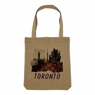 Fabulous Sac Shopping Tote Bag Aspect Lin - Toronto Vintage Collage Voyage Canada Carte Postale - Sac de Courses Toile Epaisse 360g Beige Naturel Cabas Port&eacute; E