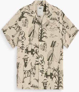 OAS Gemustertes Leinen-Kurzarmhemd mit Resort-Kragen in
