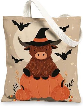 Generic Sacs fourre-tout en toile pour Halloween, motif vache et citrouille, sacs à provisions réutilisables, amusants, fantaisistes, légers et lavables, beig