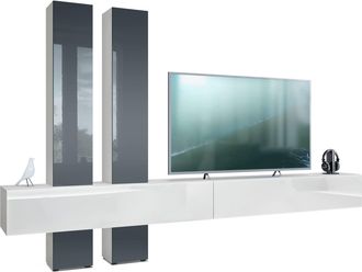 Vladon Wohnwand Moja, Made in Germany, Wei&szlig; matt & Wei&szlig;/Grau Hochglanz - Moderne Anbauwand f&uuml;r Ihr Wohnzimmer (BxHxT) 330 x 204 x 39 cm