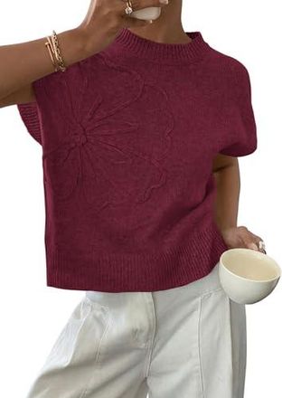 Generic Pull pelucheux &agrave; manches courtes pour femme - Tendance - En tricot floral - Joli pull - D&eacute;bardeurs d&eacute;contract&eacute;s - Tenue de bureau, bordeaux, XL