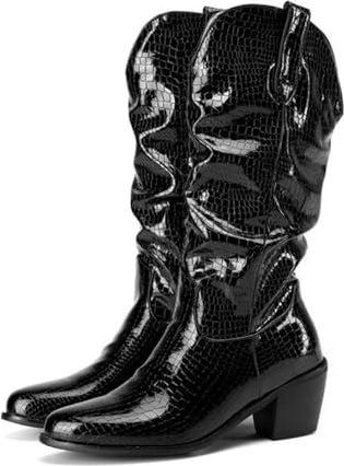 Generic Bottes western molles pour femme - Bout rond - Talons mi-hauts - Chaussures dhiver tendance &agrave; enfiler, Noir, 39.5 EU