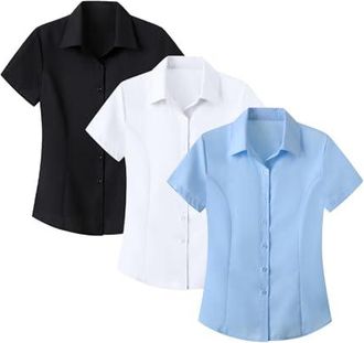 Generic Lot de 3 chemisiers &agrave; manches courtes pour femme - D&eacute;contract&eacute; - Coupe droite - Col en V - Boutonn&eacute; - Couleur unie - D&eacute;contract&eacute; - Basique - Chemise d