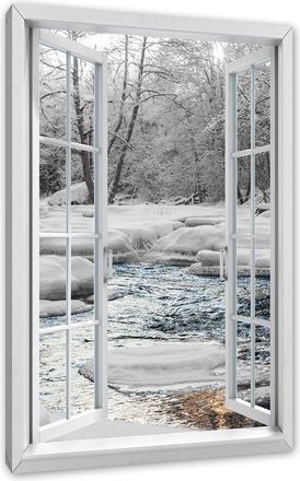 Pixxprint wunderschöner Bach im Winter, Fenster, Größe: 100x70cm, Leinwandbild, fertig gespannt, Wandbild, Dekoration, Kunstdruck, kein Poster