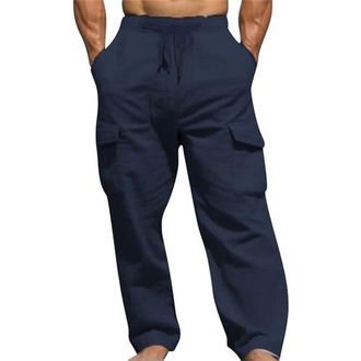 Generic Pantalon baggy en coton et lin pour homme, couleur unie, multi-poches, tube droit, couleur unie, confortable, respirant, pantalon classique, bleu mari