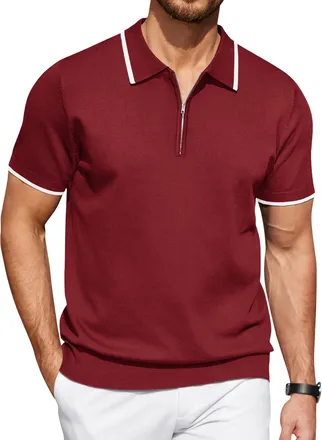 Coofandy Herren-Poloshirt mit Rei&szlig;verschluss, l&auml;ssig, gestrickt, kurz&auml;rmelig, Klassische Passform, Weinrot, Mittel
