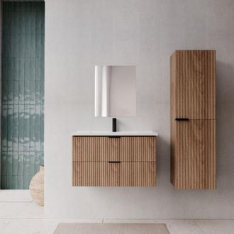 Aurlane pack meuble salle de bain 80cm et colonne de rangement - fa&ccedil;ades ondul&eacute;es d&eacute;cor bois - milo