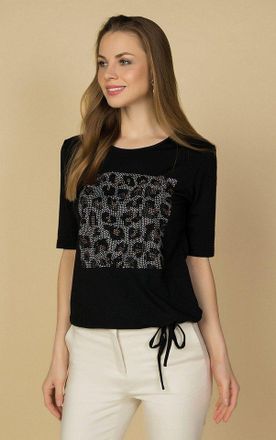 Passioni T-Shirt mit Leo-Strassdetails und Tunnelzug T-Shirt mit Hotfixmotiv