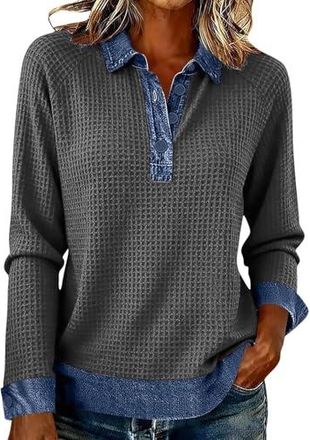 Generic Pull en jean pour femme avec col boutonn&eacute; - Patchwork - Vintage - Chemisier en tricot - Pull en jean pour femme, gris, XXL