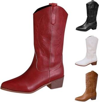 Generic Bottes de cowboy mi-mollet pour femme, bout pointu, gros talon bas, bottes r&eacute;tro hautes avec broderie florale pour femme, design classique confortable
