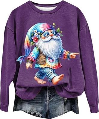 Generic Sweat-shirt de Noël pour femme - Imprimé de gnomes de Noël - Imprimé de fleurs - Col rond - Manches longues - Vintage, violet, XXL