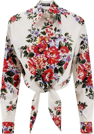 Dolce & Gabbana Femme, Blouses et Chemises, Blanc, Taille: 36 FR Chemise Nou&eacute;e &agrave; Imprim&eacute; Floral