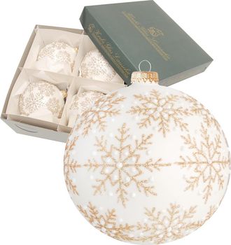 Krebs Glas Lauscha Weihnachtsdekoration/Christbaumschmuck aus Glas - Weihnachtskugeln - Motiv: Weiß matt mit goldenen Schneekristallen - Größe: 4 mal 10cm