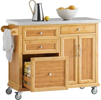 SoBuy Desserte de Cuisine à roulettes Îlot Central avec Plan de Travail INOX et 4 Tiroirs Chariot Mobile pour Cuisine ou Salle à Manger Meuble de Cuisine av